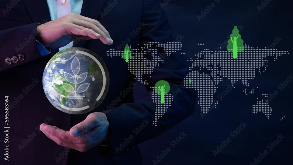 Businessman showing planet earth map with virtual tree icons. Net zero ...