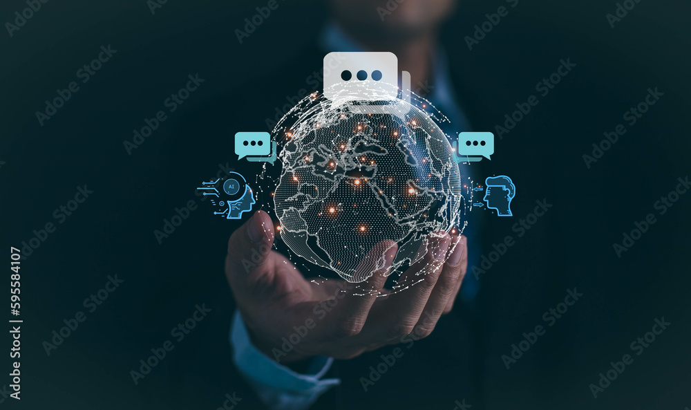 Chat with AI, Artificial Intelligence. Adult man chatting with a smart ...