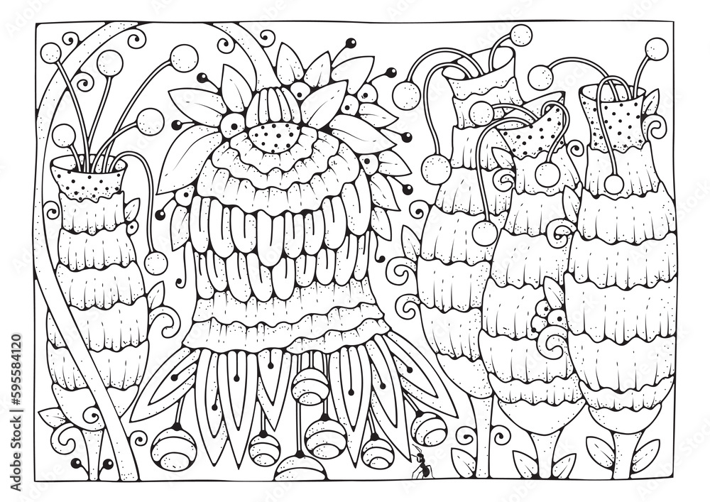 Vetor do Stock: Coloring page with large flower and buds. Vector black ...