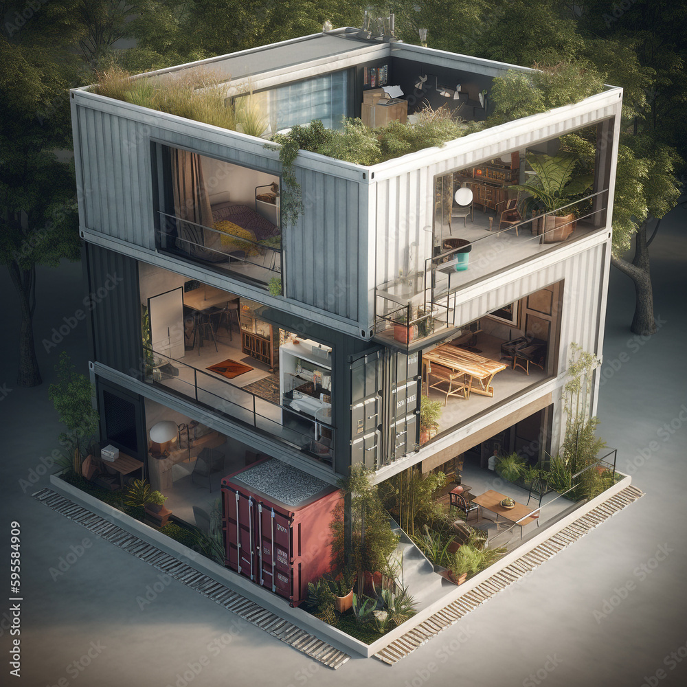 Illustration of a huge luxury house built from recycled shipping ...
