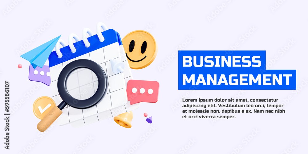 3D Business management banner. Notebook with magnifier. Marketing ...
