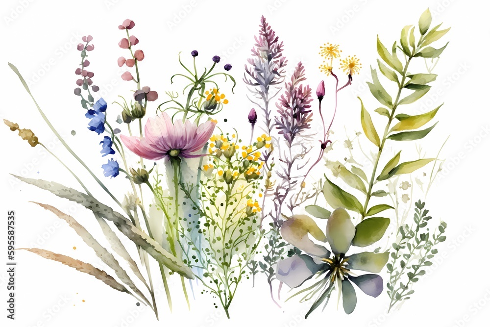Beautiful and colorful wild meadow flowers. Watercolour illustration ...