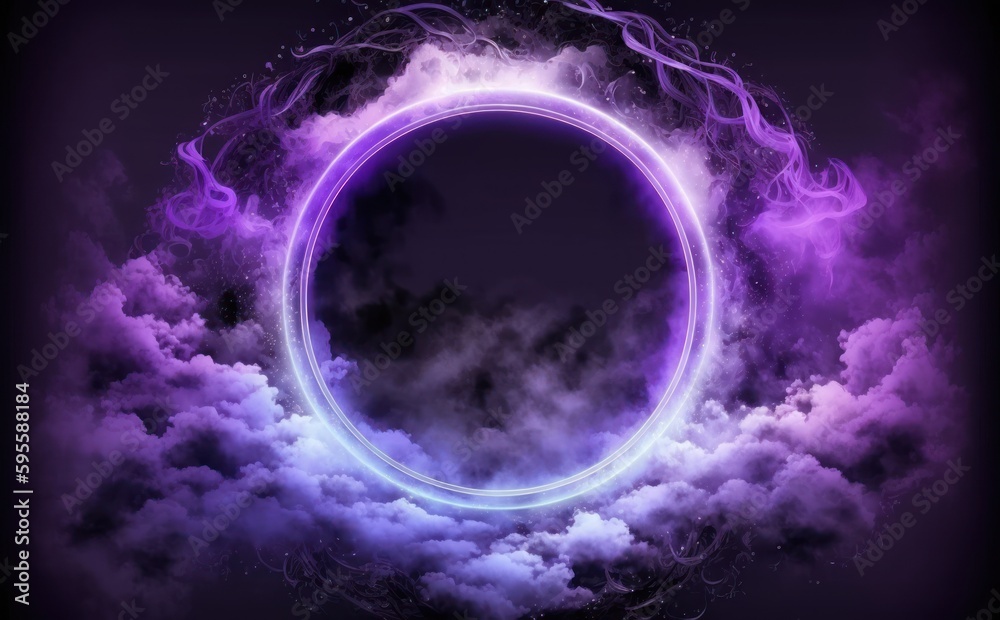 Neon circle frame with smoke cloud, glowing gradient ring with colorful ...