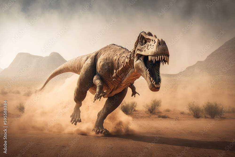 Ilustrace „tyrannosaurus rex running on dusty plain, its long tail ...