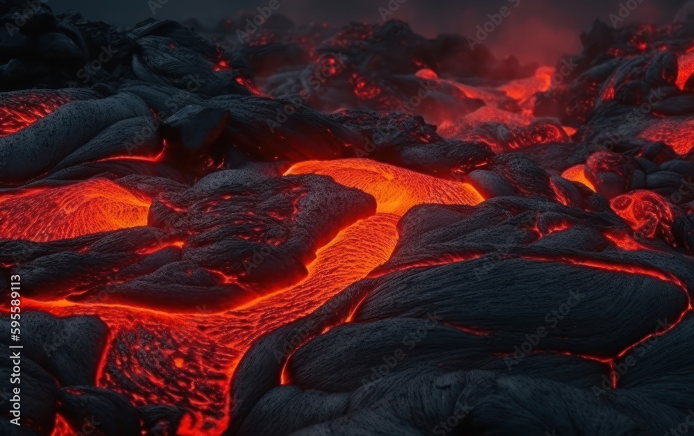 Background with glowing hot red molten lava after vulcanic eruption ...