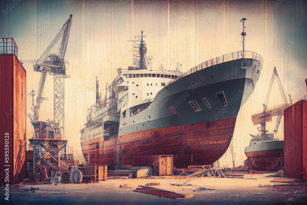 shipyard with a range of vessels in various stages of construction and ...