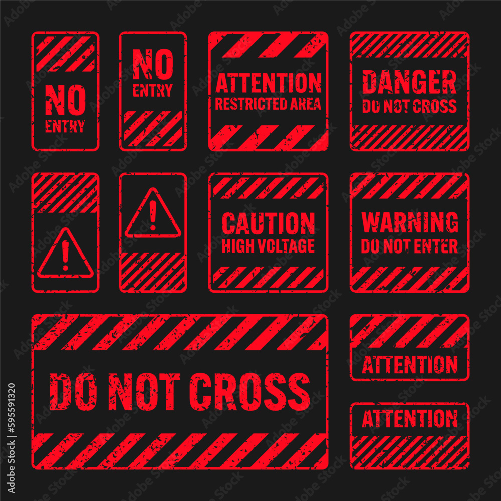 Various red grunge warning signs with diagonal lines. Old attention ...