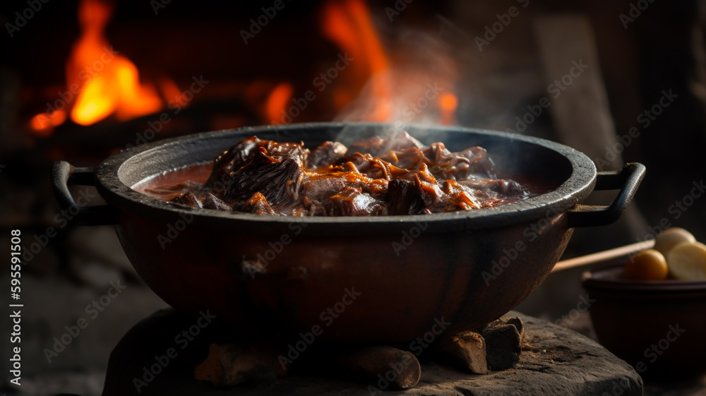 Beef stew cooked on a wood stove is cooked in thick gravy. Iron pot ...