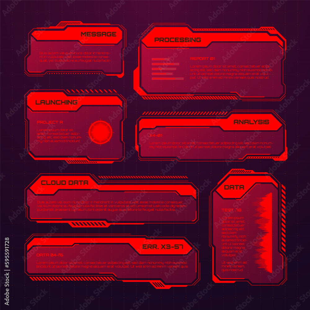 Red futuristic HUD or UI elements. Sci-fi user interface text boxes ...