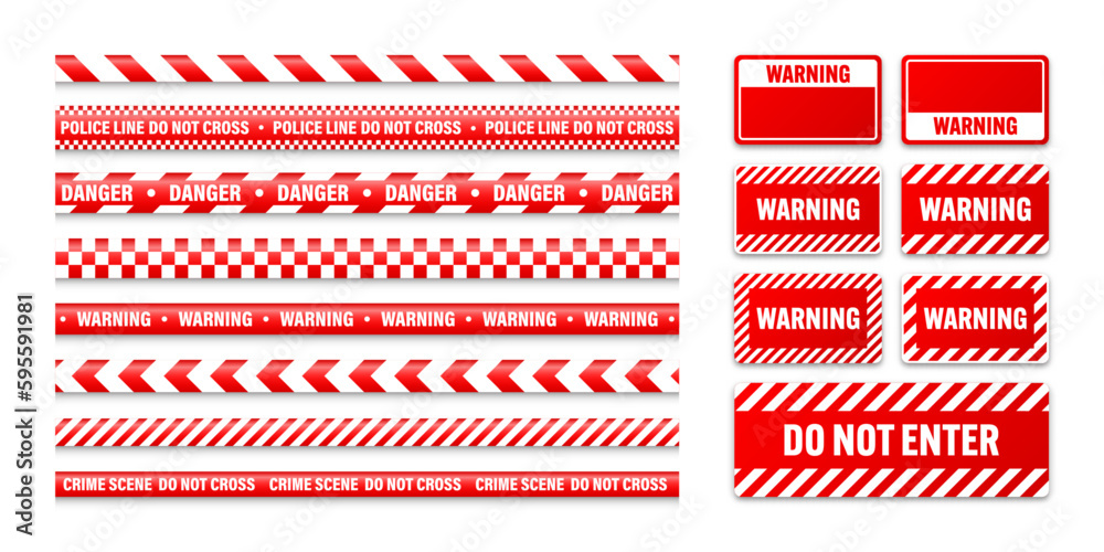 Various barricade construction tapes and warning shields. Red police ...