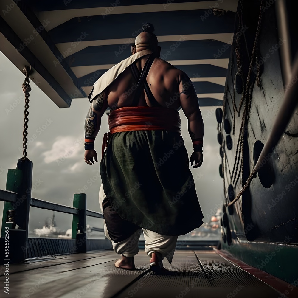 muscle Samurai Strongman Swordsmanship on a cargo ship simple ...