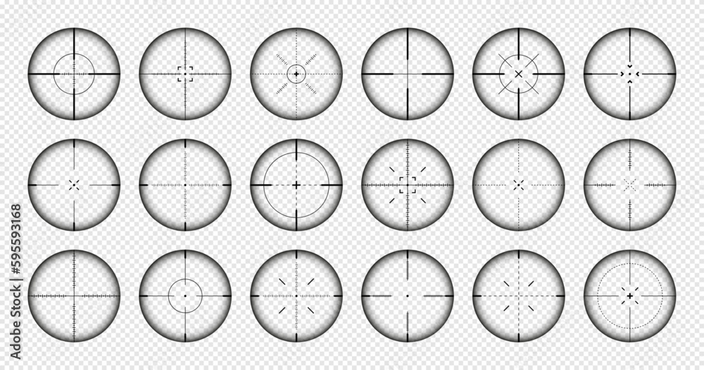 Various weapon sights, sniper rifle optical scopes. Hunting gun ...