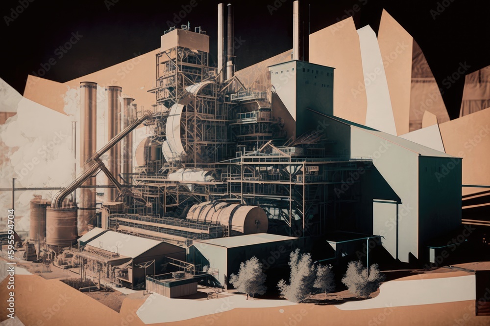 a double exposure of a pulp and paper mill, with different stages of ...