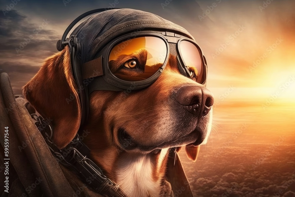 pilot dog in flight jacket and sunglasses, with view of the runway ...