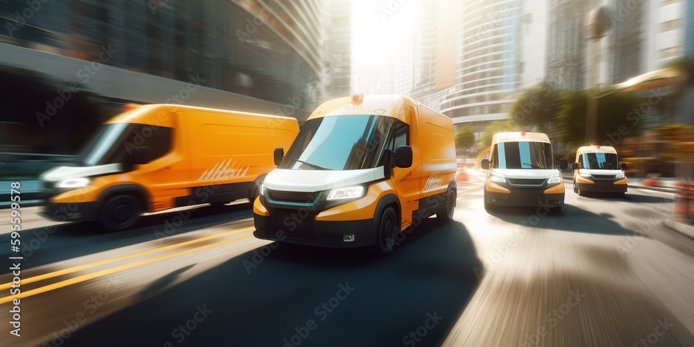 A fleet of delivery vehicles with their engines revving, displayed ...