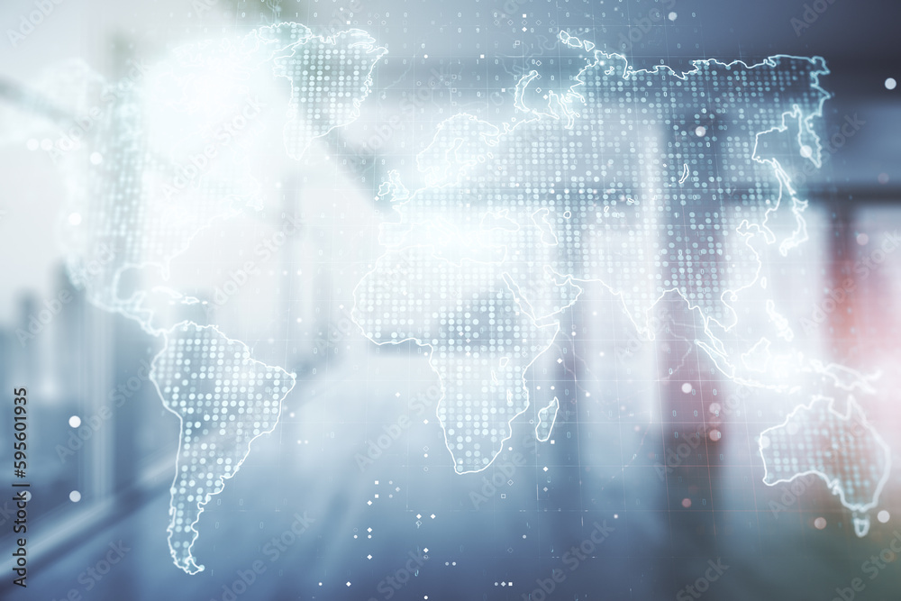 Abstract creative world map interface on empty corporate office ...