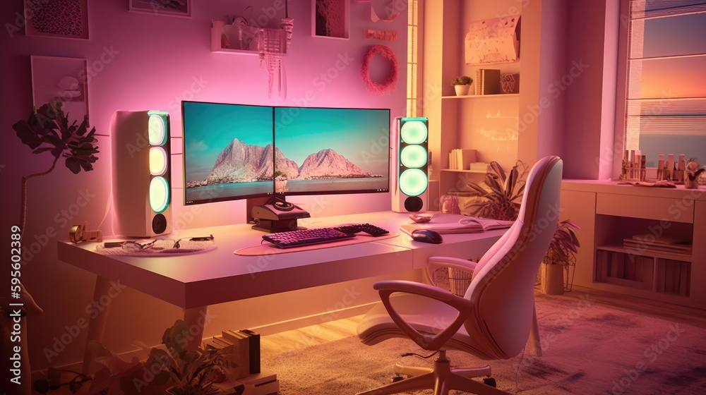 Cozy Pastel Gaming Setup, Extra-Wide Curved Monitor, PC Case on Desk ...