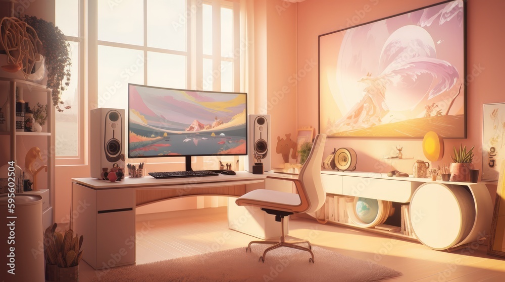 Cozy Pastel Gaming Setup, Extra-Wide Curved Monitor, PC Case on Desk ...