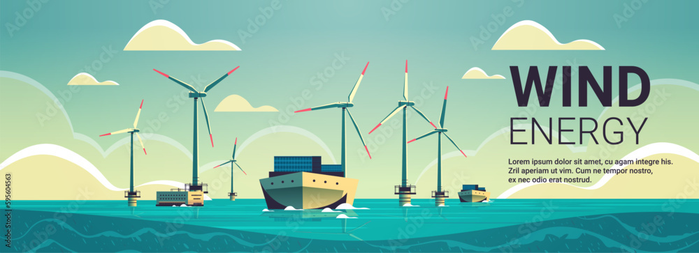 offshore wind farm with turbines and ship in sea or ocean renewable ...