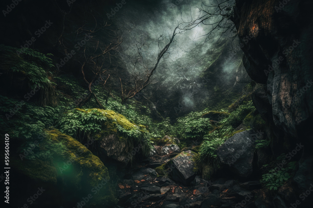 Dark rainforest sun rays through trees with dense fog digital ...