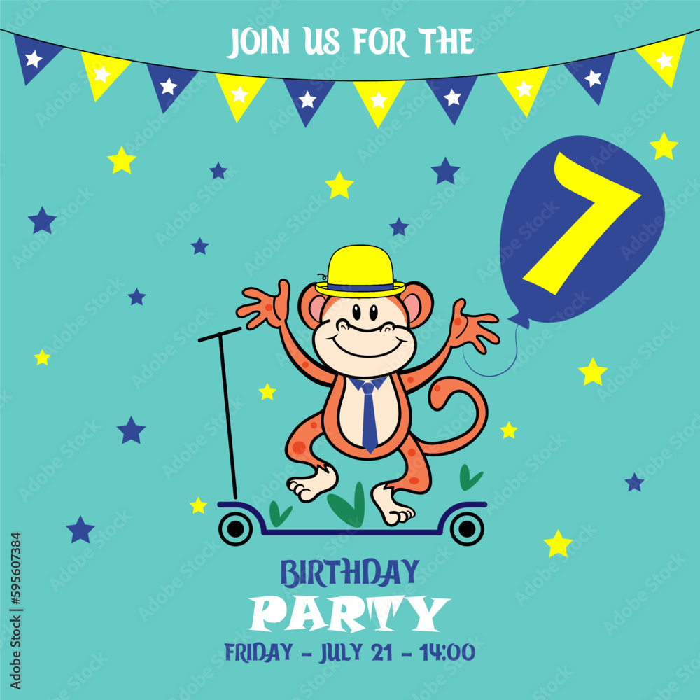 Vetor de birthday card with child, little monkey, children's birthday ...