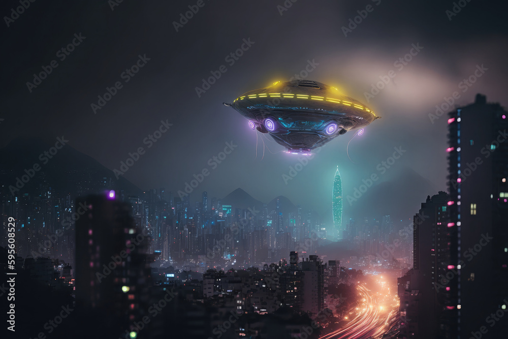 AI generated high contrast image of UFO over city at night with light ...