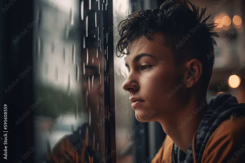 Depressed young adult looking out on the rain through window, mental ...
