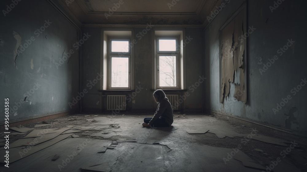 Depressed young adult sitting in a closed empty room, mental health ...