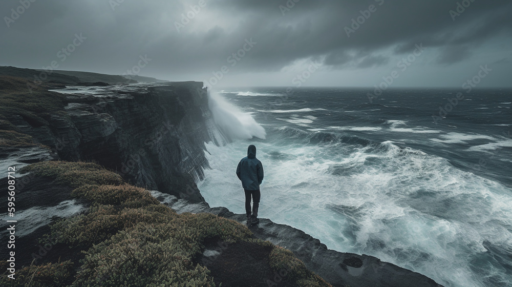 Depressed man at edge of cliff in stormy weather, the waves crashing ...