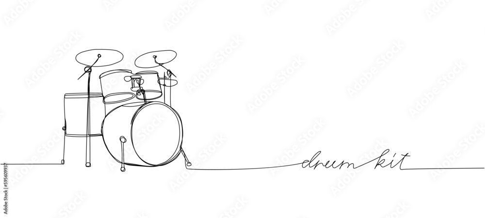 Drum kit one line art. Continuous line drawing of play, drum, drumstick ...