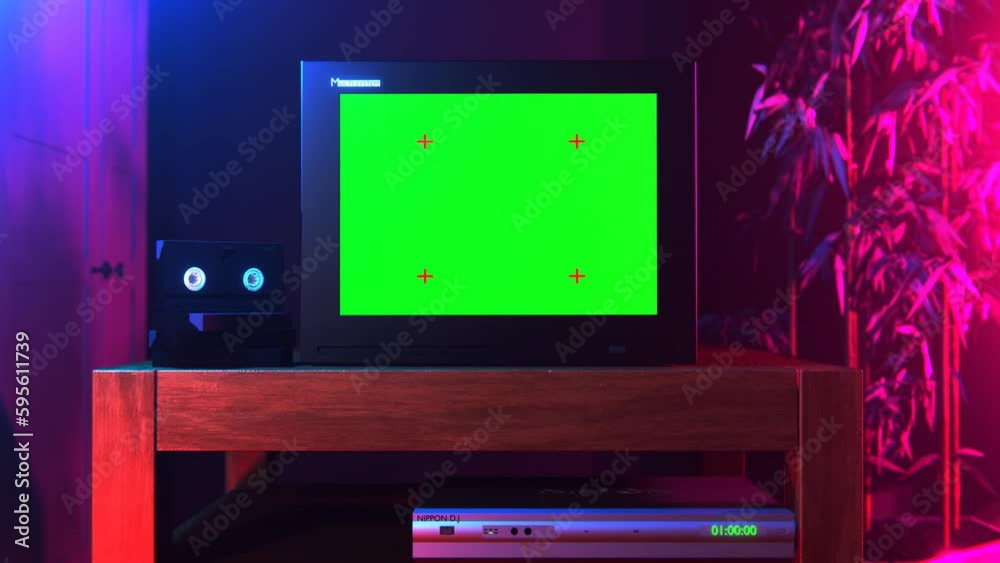 Close Up Footage of a Dated TV Set with Green Screen Mock Up Chroma Key ...