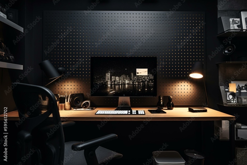 Contemporary desk with computer display on table against black wall and ...
