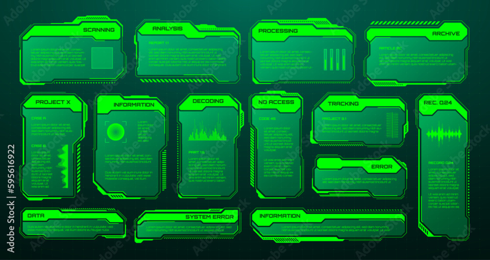 Green futuristic HUD, UI elements. Sci-fi user interface text boxes ...
