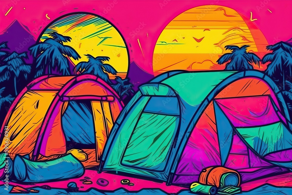 Camping with tent outdoor activity, pop art collage style in neon bold ...