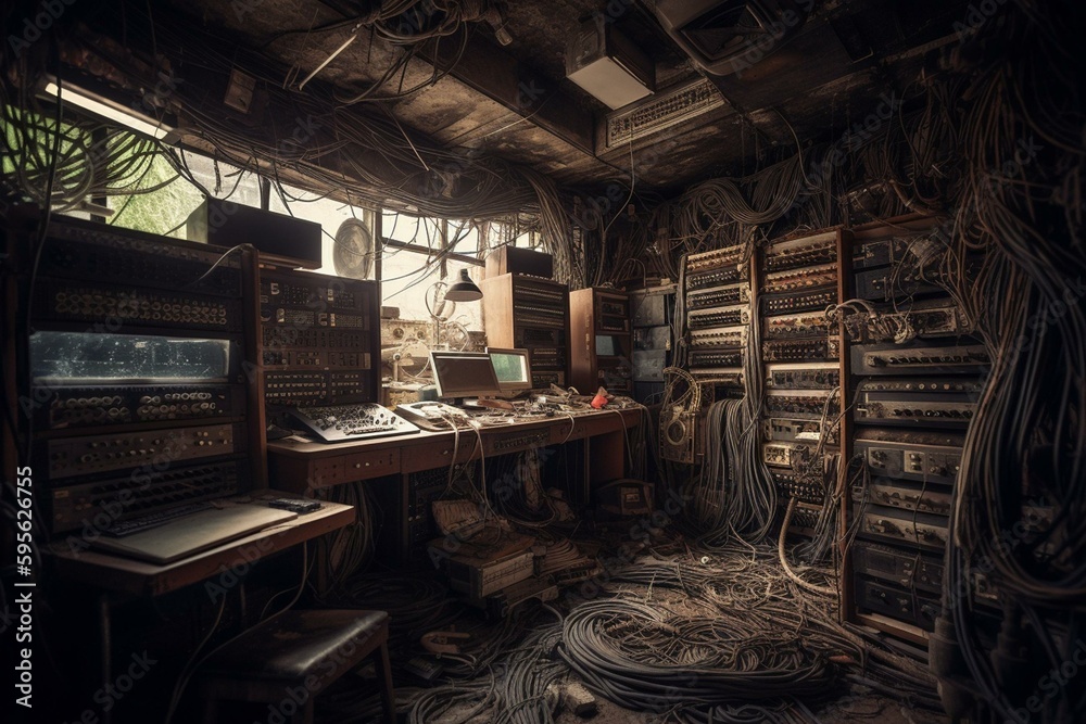 Old computer room filled with tangled cables and wires from the 1960s ...