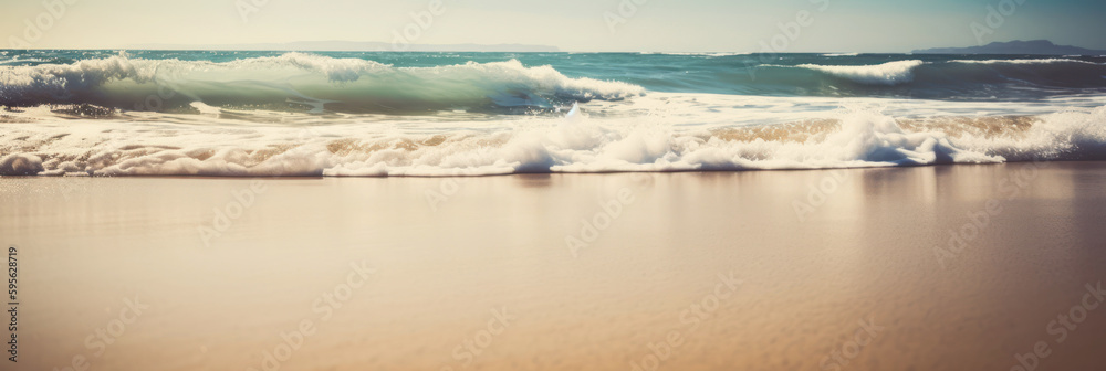 Sandy beach panorama, wet sand close up, blur ocean waves background ...