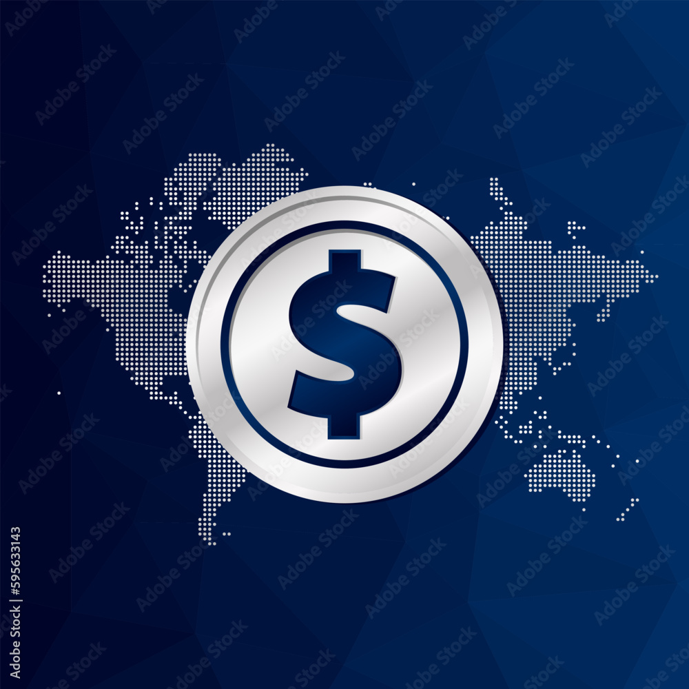 American dollar sign. Triangle background with world map. Vector coin ...