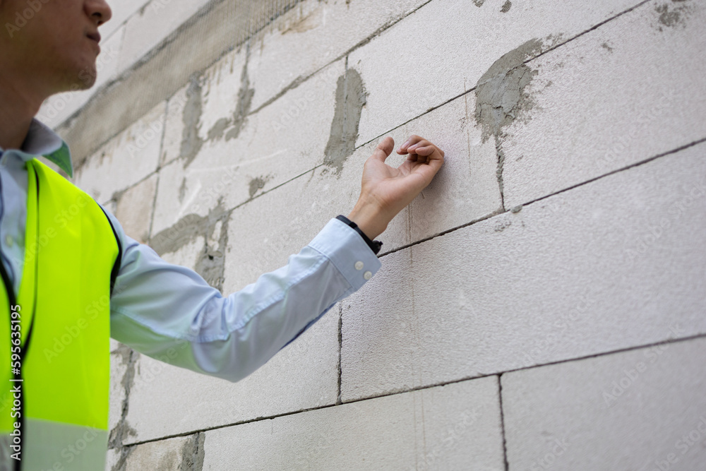 Asian engineer in uniform at construction site while checking and ...