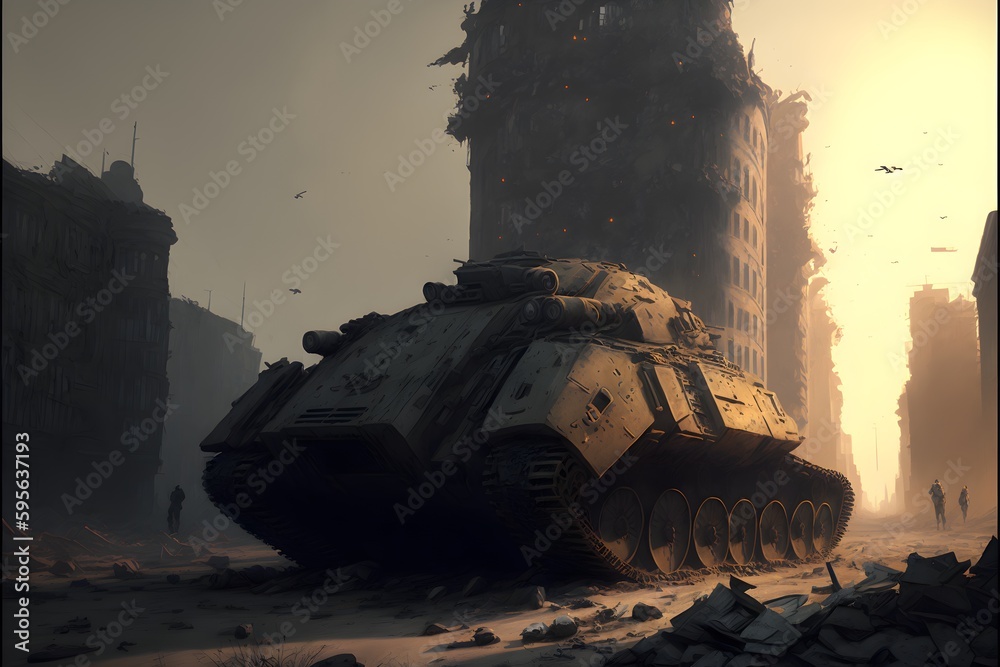 city ruins environment large tank crushing buildings existential horror ...