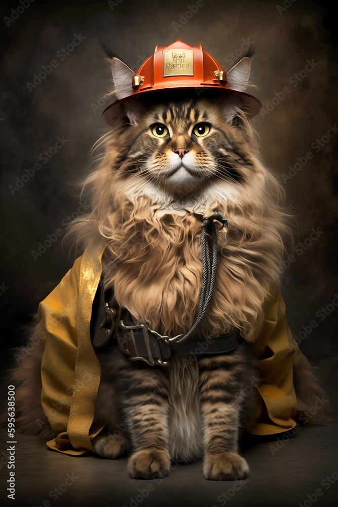 Firefighting Feline: A Portrait of a Maine Coon Cat Ready to Rescue ...