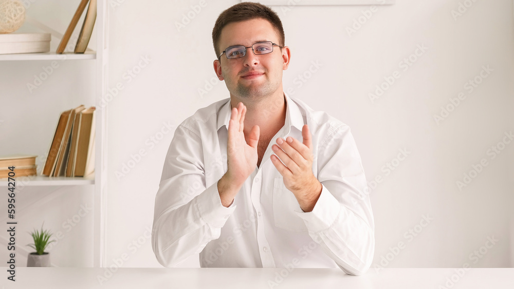 Bravo applause. Supportive man. Office meeting. Smart guy sitting desk ...