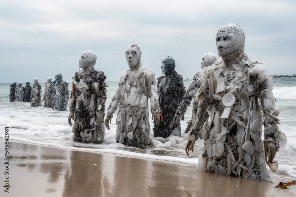 A swarm of evil plastic waste figures conquers the beach from the ocean ...
