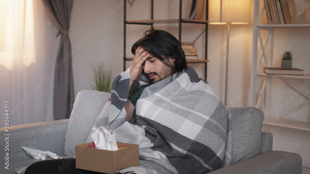 Sick man. Flu disease. Fever headache. Unwell ill guy in warm plaid ...