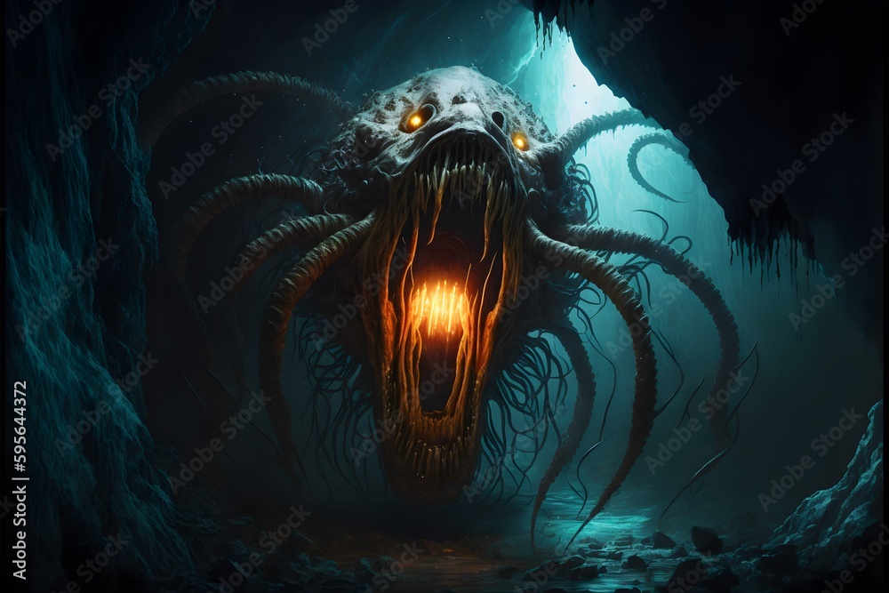 giant roaring lovecraftian monster with claws and tendrils and sharp ...