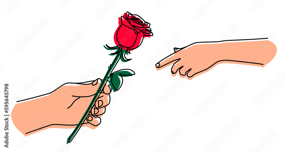 Hand holding a rose and giving it. Man gives a flower. Hand drawn with ...