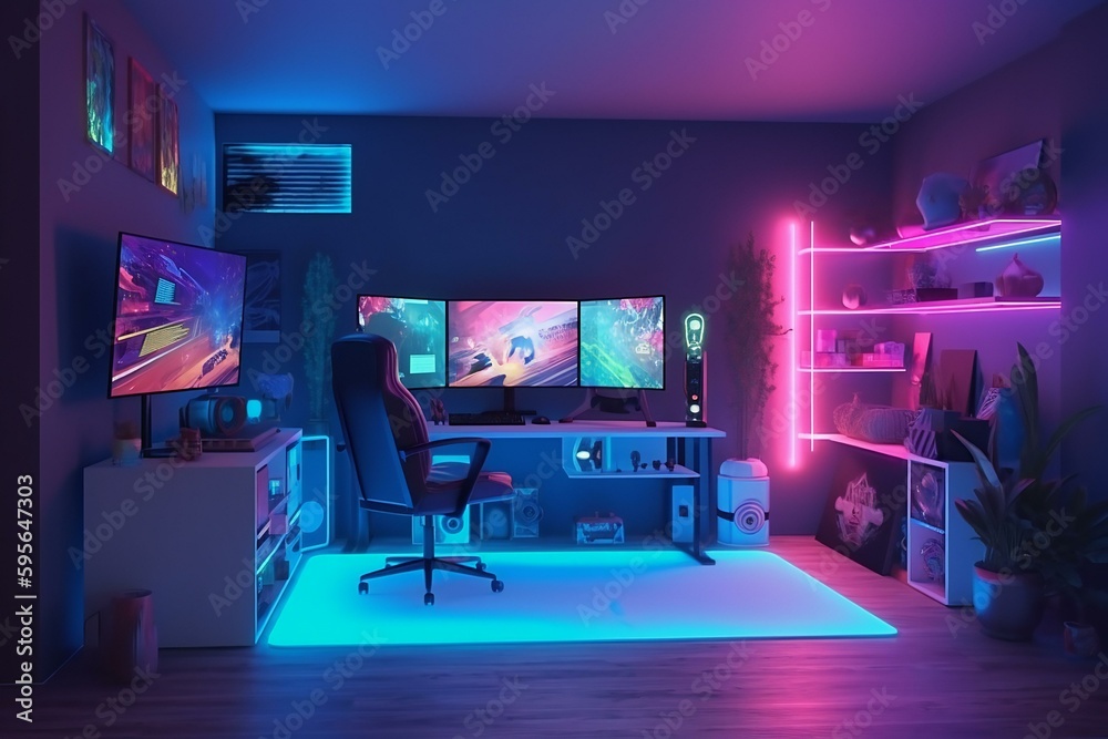 Gamer room with RGB lights, neon colors. Gamer Streamer space. Modern ...