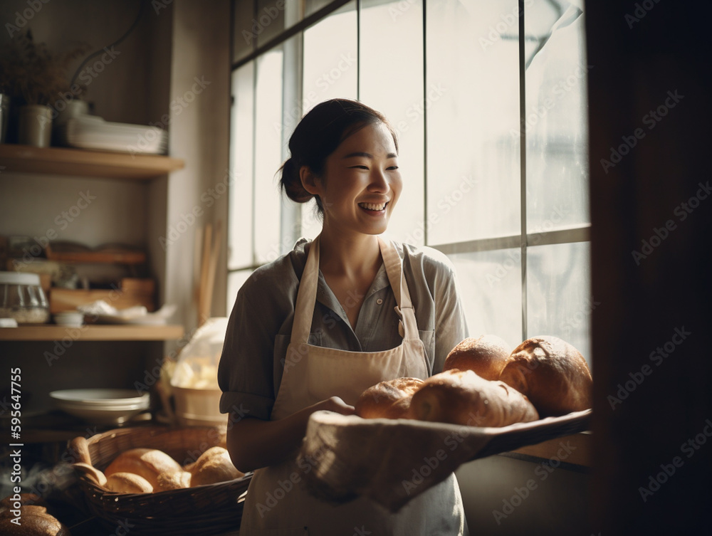Bakery shop owner people person holding a tray of bread Smile Asian ...