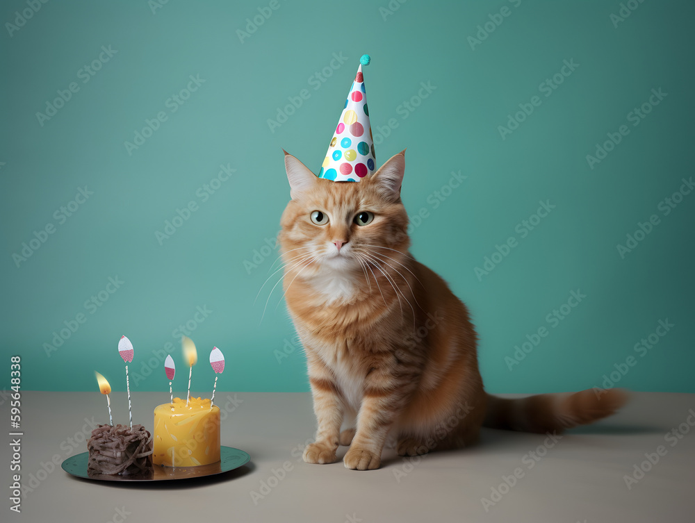 Cute pet cat with birthday cake celebrating happy birthday. Stock ...