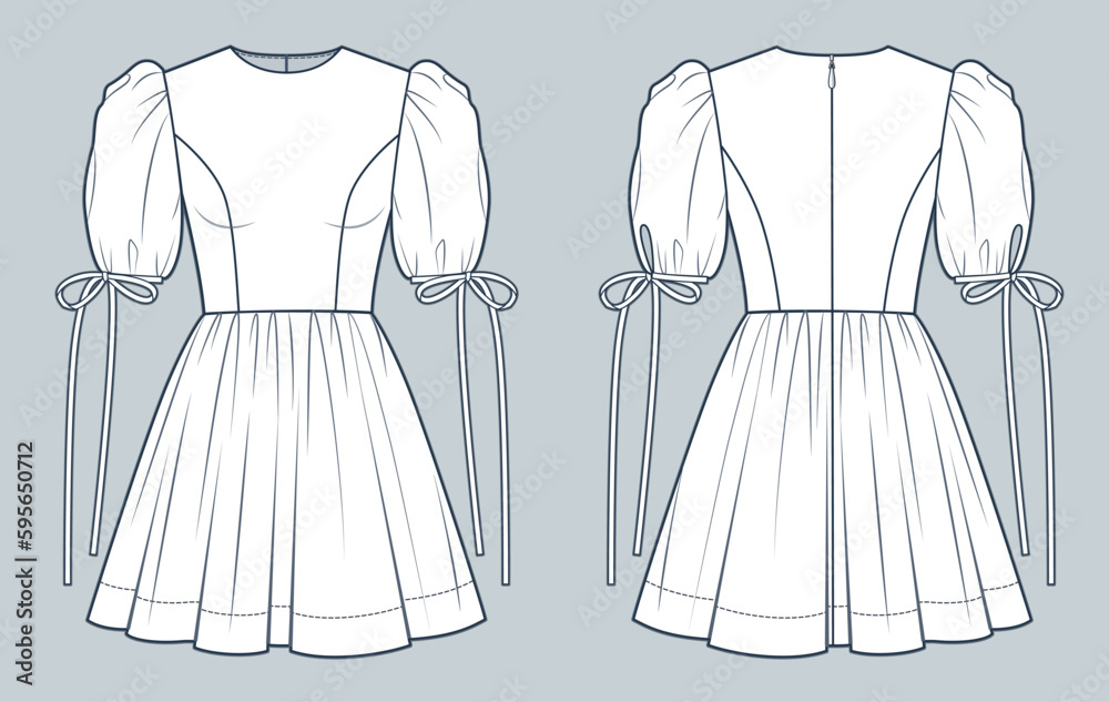 Puff Sleeve Dress technical fashion illustration. Mini Dress fashion ...