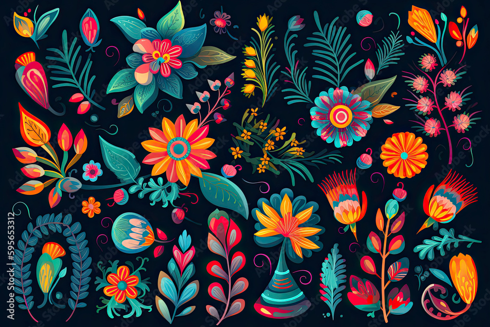 Mexican flowers and florals vector set of bright colorful blooming ...